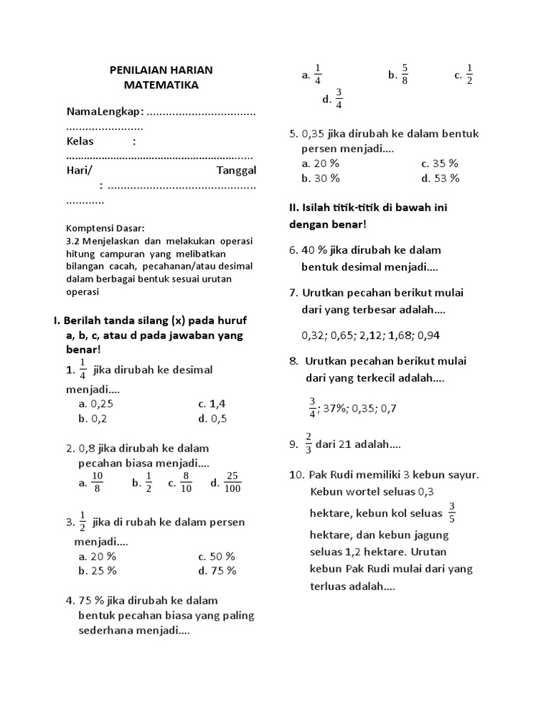 Soal Pecahan Desimal dan Persen Kelas 4 | PDF