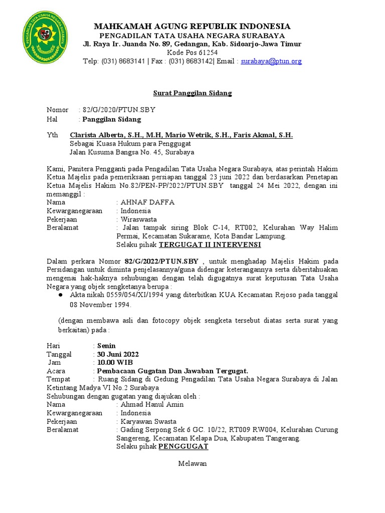 Surat Panggilan Tergugat II Intervensi | PDF