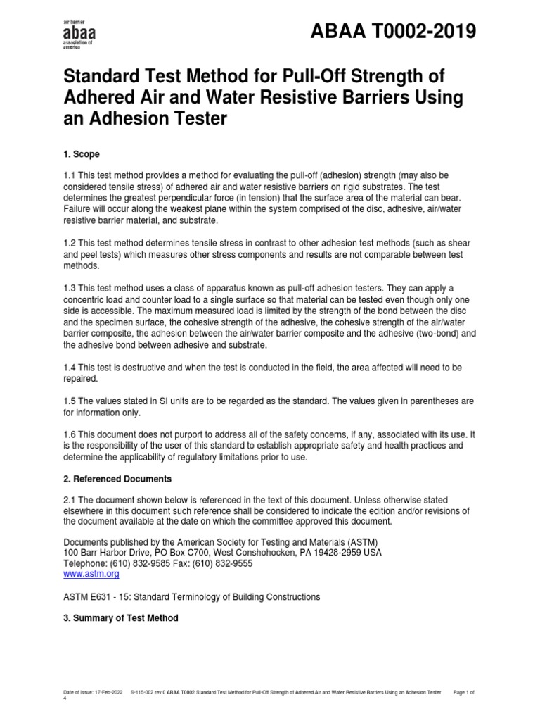 Abaa T0002 Standard Test Method For Pull Off Strength Of Adhered Air