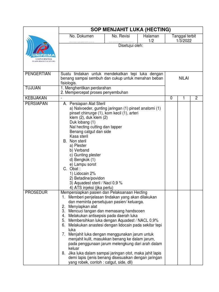 SOP Menjahit Luka: Prosedur & Persiapan | PDF