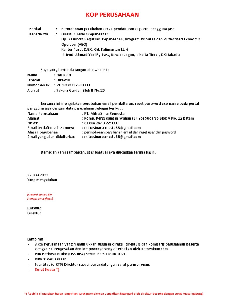 Contoh Permohonan Perubahan Email Dan Reset User Dan Password Di Portal ...
