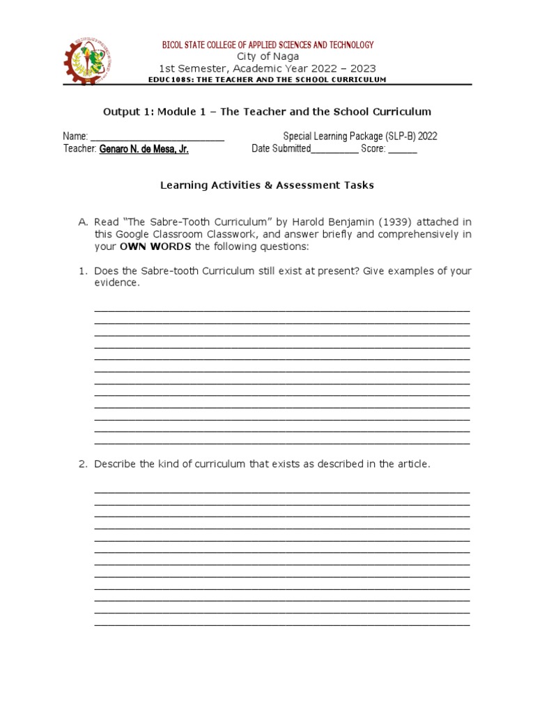 Output 1-Module 1-The Teacher and The School Curriculum | PDF ...