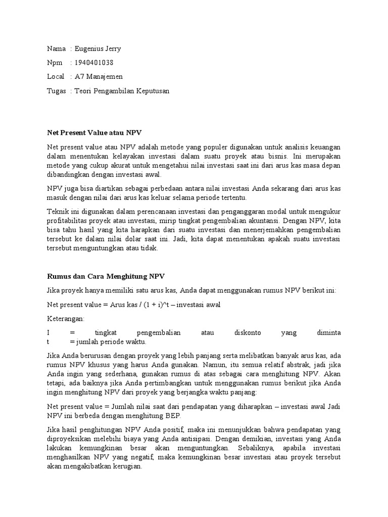 Pengertian dan Rumus NPV Investasi | PDF
