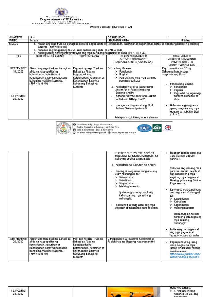 Weekly Learning Plan Filipino-9 | PDF