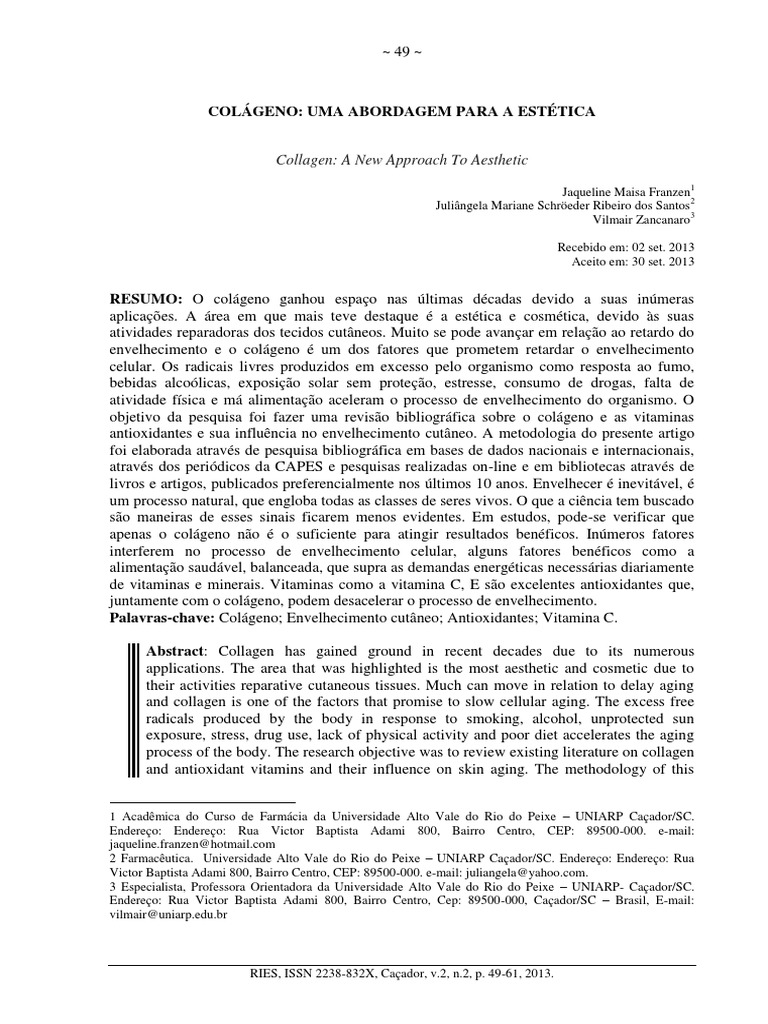 Colágeno Uma Abordagem para A Estética | PDF | Radical (Química) | Colágeno