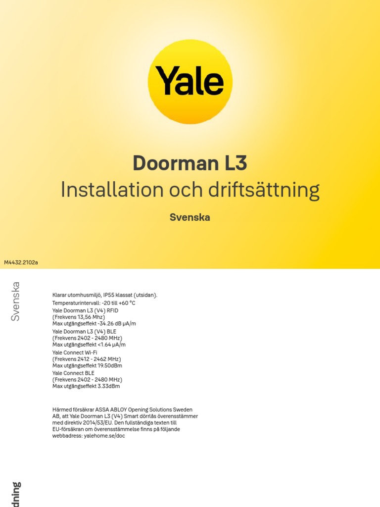 Yale Doorman L3 Installation Och Driftsättning-M4432.2102-Svenska | PDF