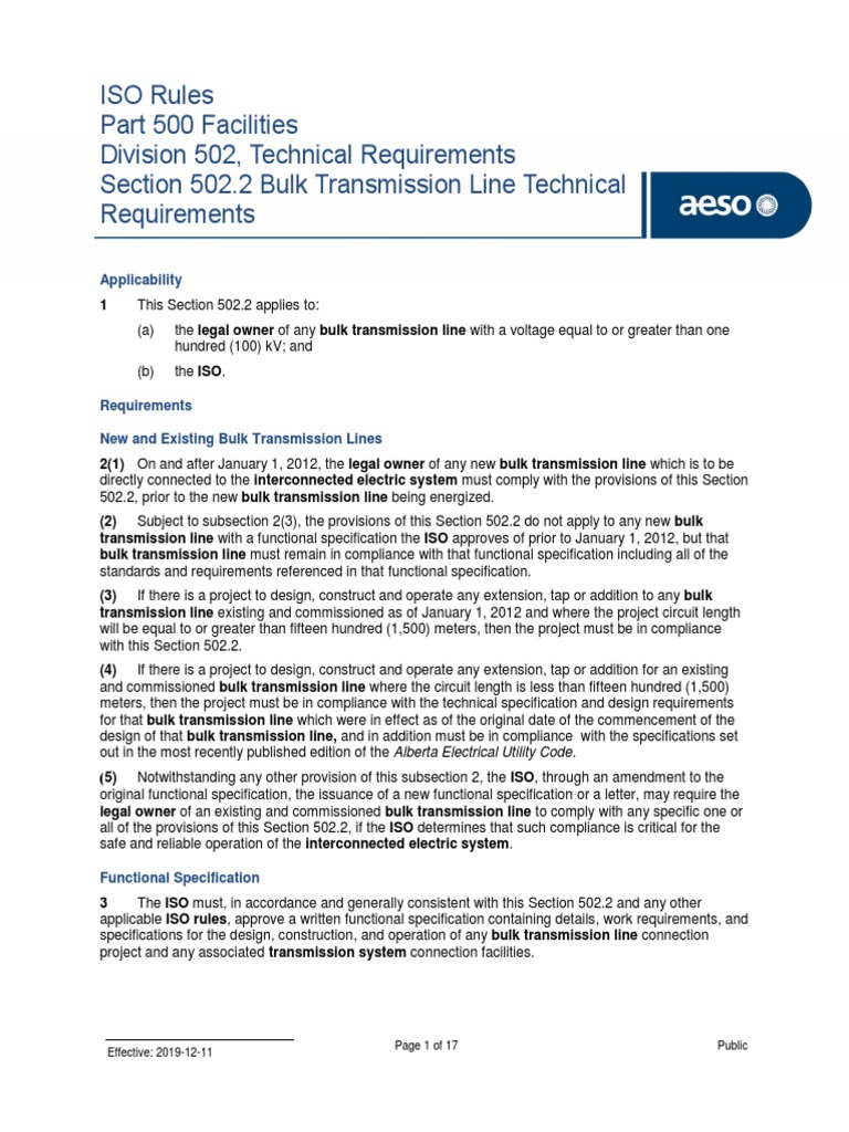AESO Section 502.2 Bulk Transmission Line Technical Requirements ...