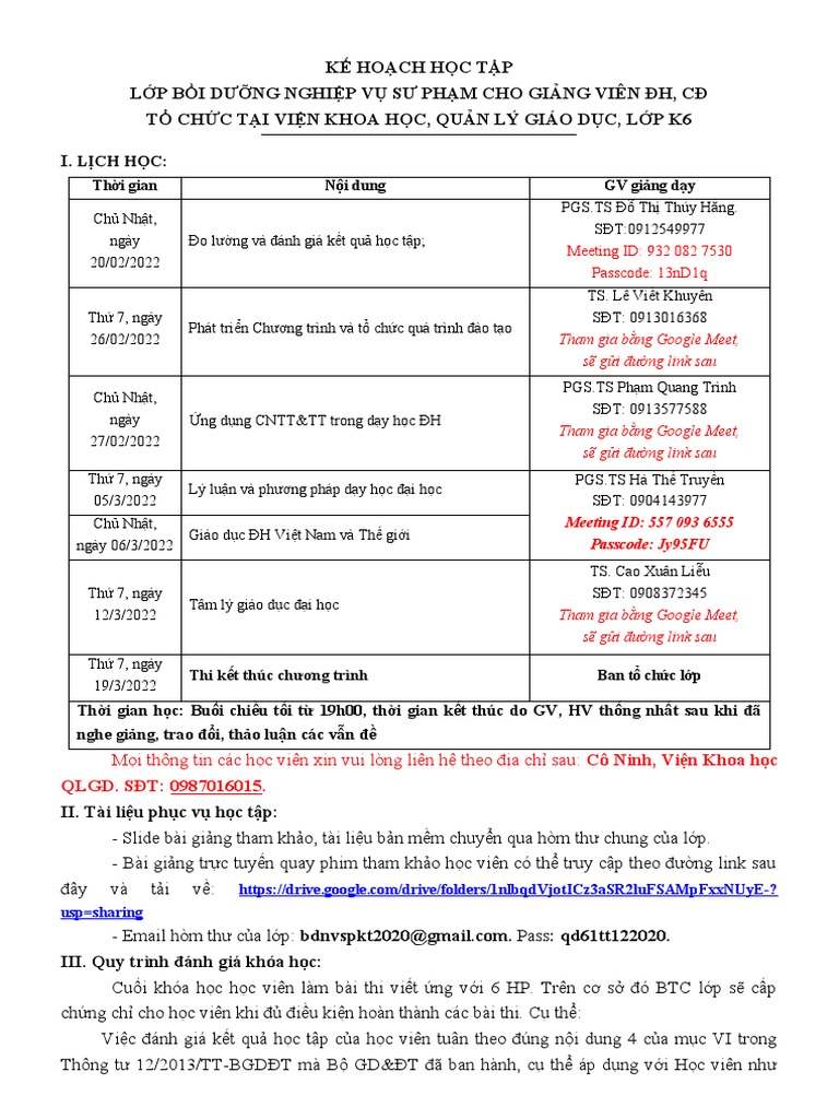 Lịch Học Online Gửi Học Viên Lớp NVSP K6 | PDF