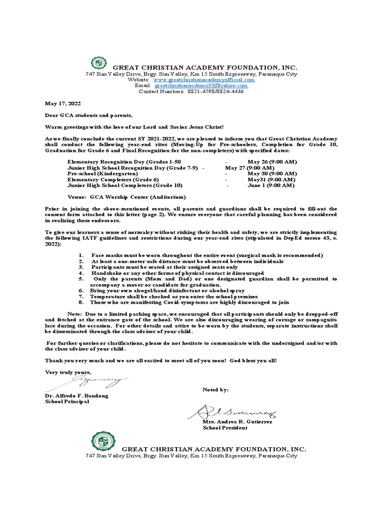 LETTER FOR THE PARENTS GUARDIANS PARTICIPATION IN THE YEAR END EVENTS ...