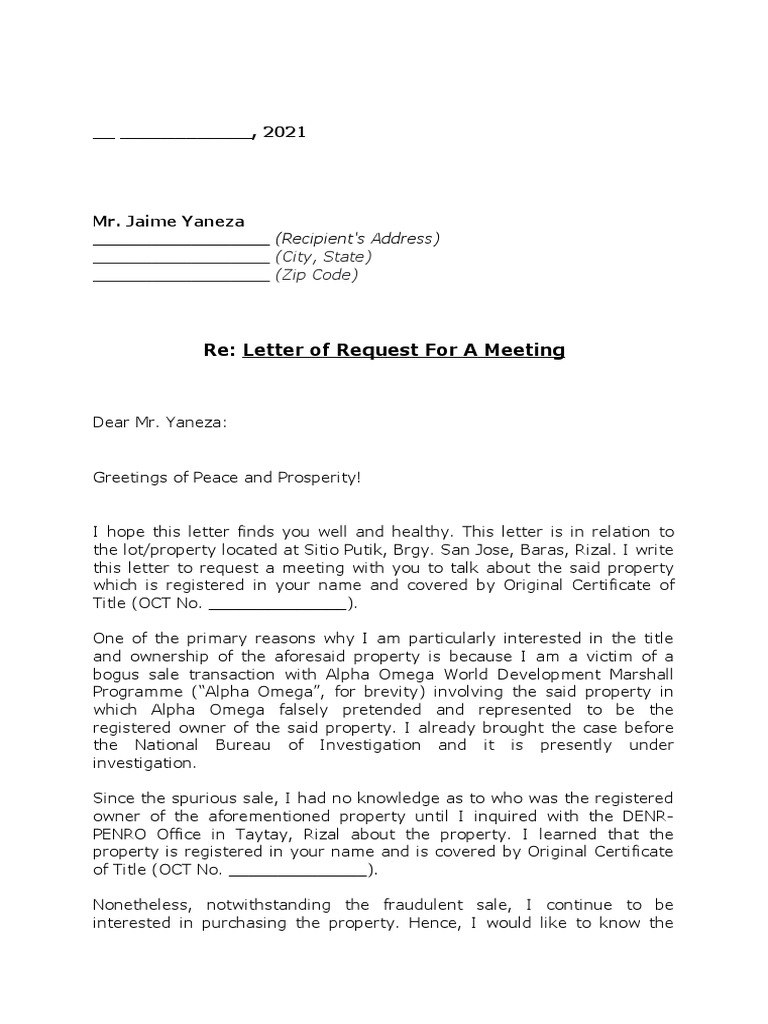 DRAFT, Letter of Request For A Meeting With Yaneza | PDF | Law
