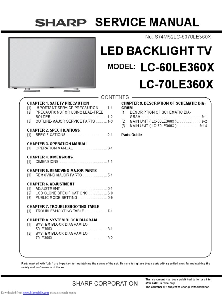 Service Manual Led Backlight TV LC-60LE360X LC-70LE360X: Model | PDF ...