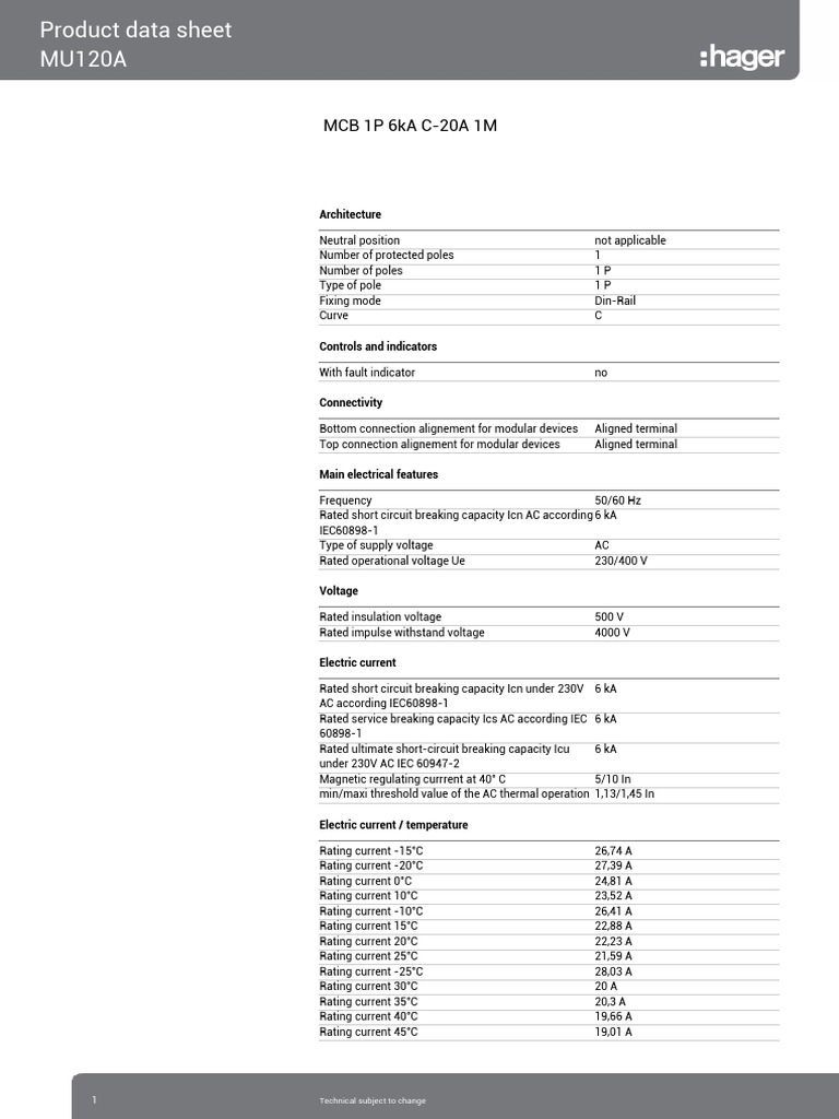 Hager MU120A MCB Data Sheet | PDF | Alternating Current | Mains Electricity