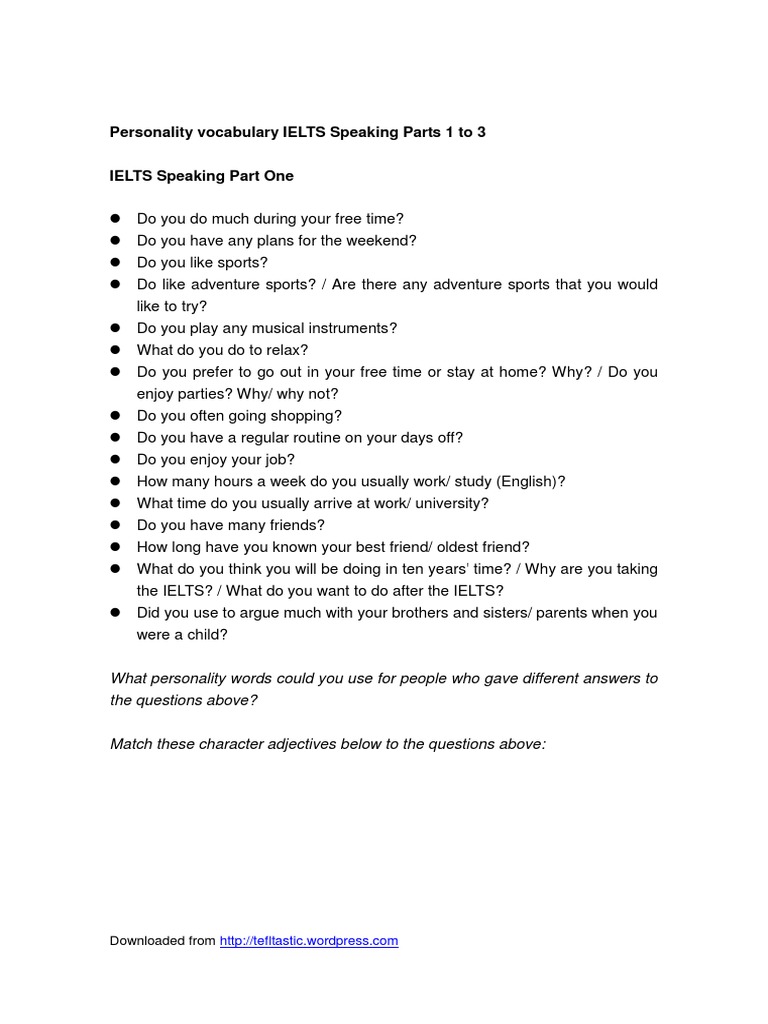 Personality Vocabulary Ielts Speaking Parts 1 To 3 | PDF