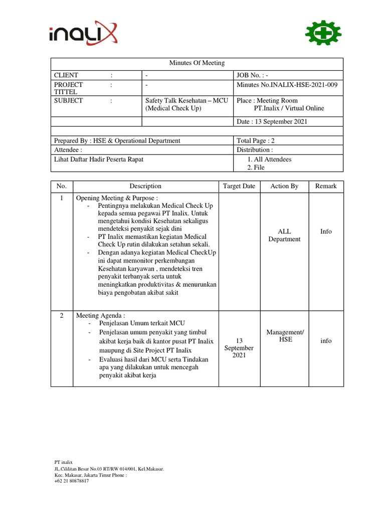Minutes of Meeting Safety Talk Kesehatan - MCU (Medical Check Up ...