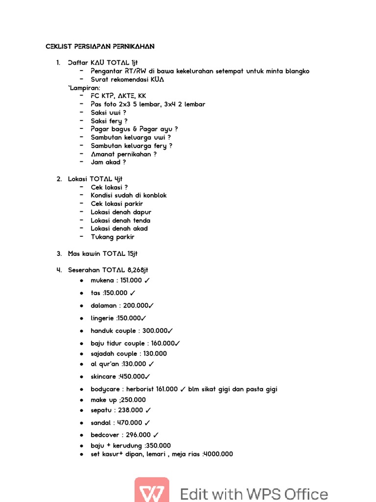Ceklist Persiapan Pernikahan | PDF | Griya & Taman