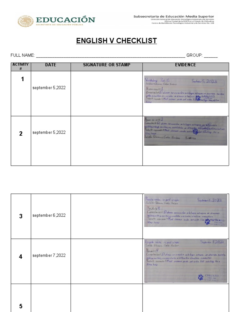 English V Checklist | PDF