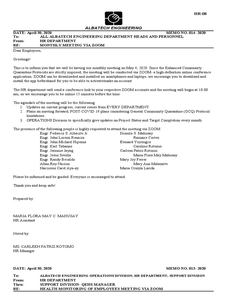 HR-008 Memo 13 and 14 | PDF | Personal Protective Equipment | Epidemiology