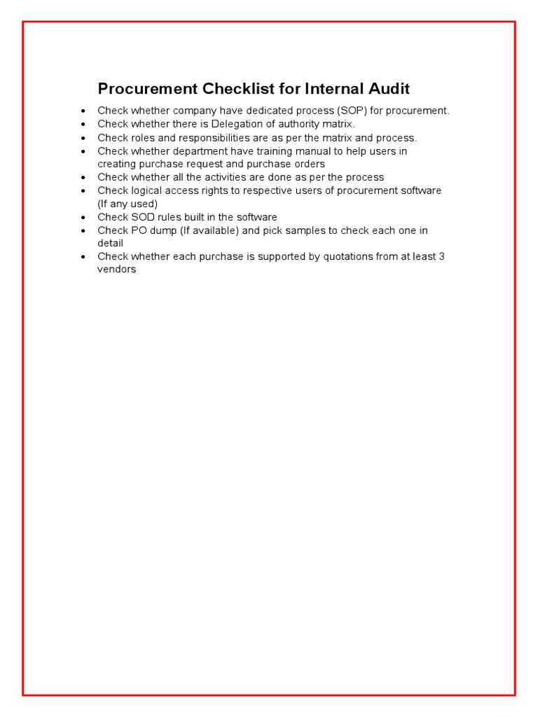 Procurement Checklist For Internal Audit | PDF