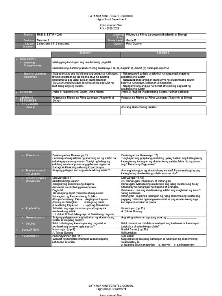 DLL Sa Piling Larangan | PDF