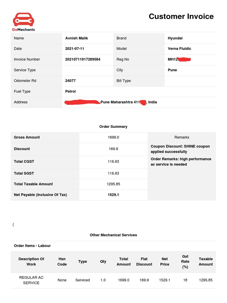 Hyundai Verna AC Service Invoice | PDF