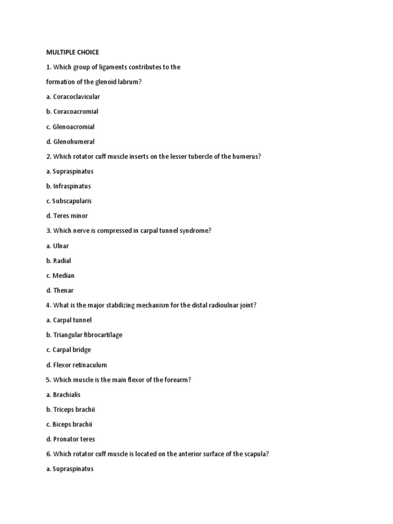 Anatomy Multiple Choice Questions on Shoulder, Arm, Elbow, Wrist and ... Anatomy Multiple Choice Questions on Shoulder, Arm, Elbow, Wrist and ...