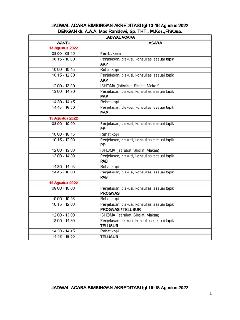 Jadwal Acara Bimbingan Akreditasi KARS | PDF | Kajian Bahasa Asing