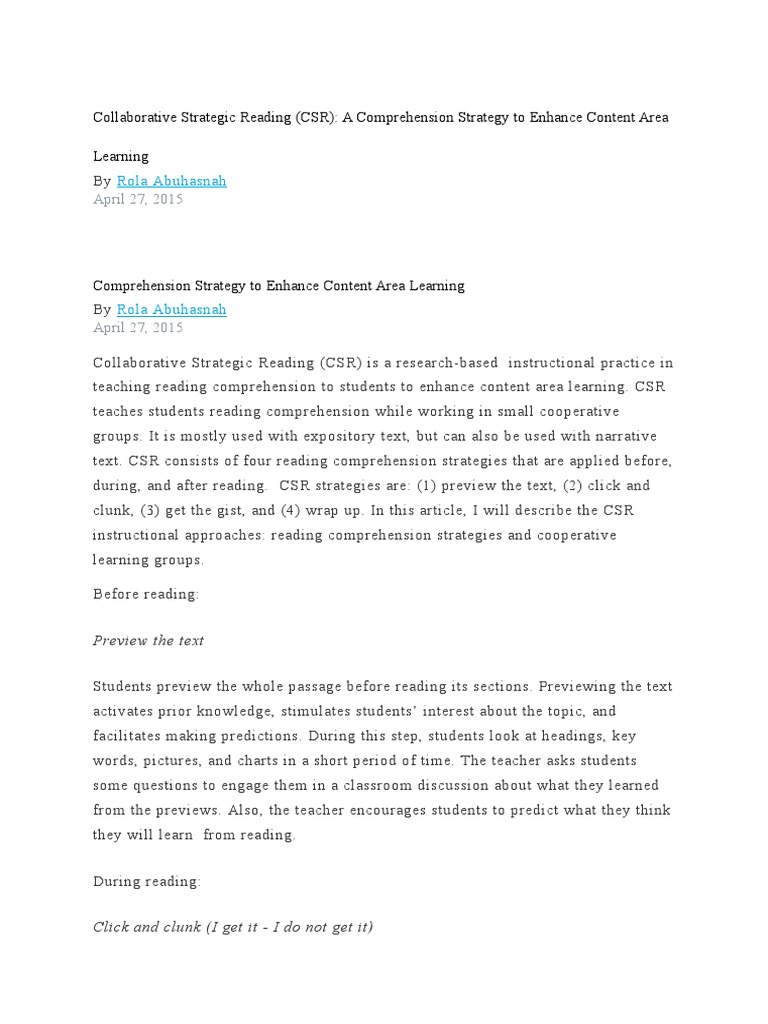 Collaborative Strategic Reading | PDF | Reading Comprehension | Linguistics