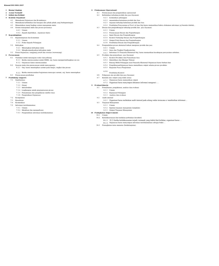 Index Klausul ISO 9001-2015 Complit | PDF | Bisnis