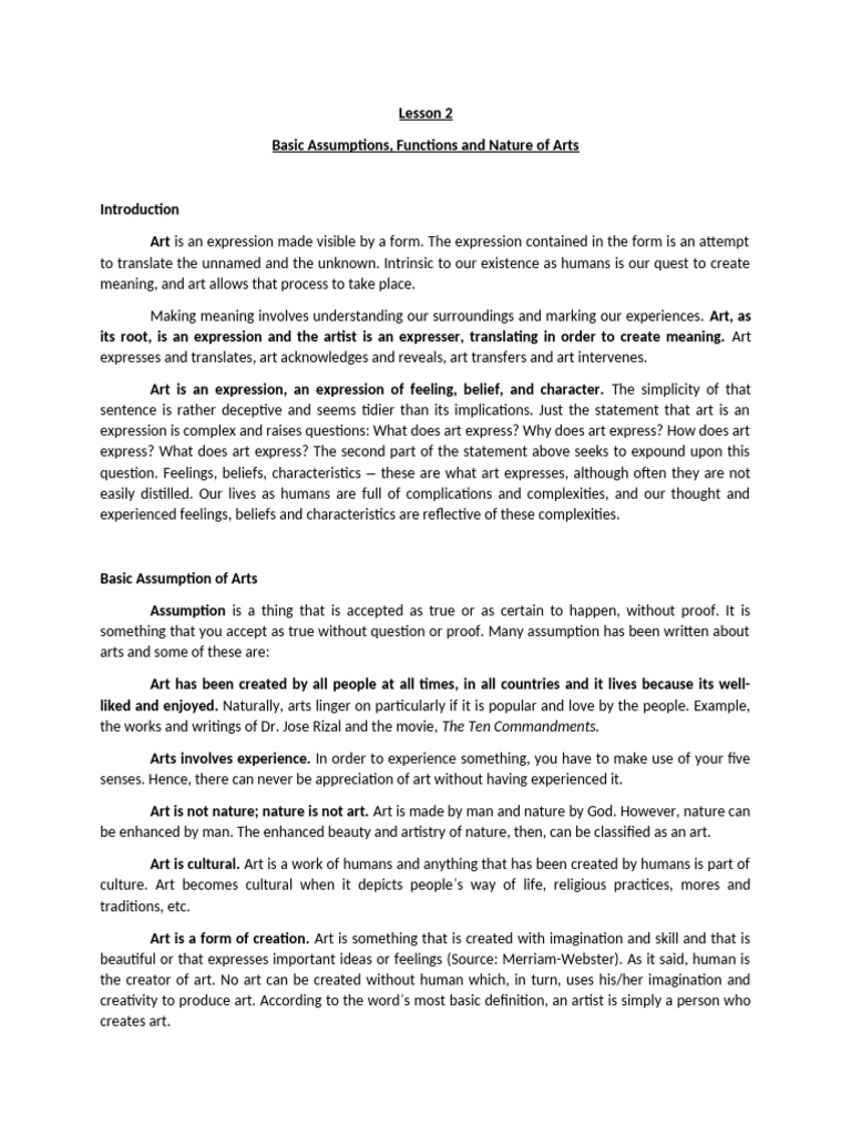Lesson 2 Basic Assumptions Functions and Nature of Arts | PDF | Beauty | Experience