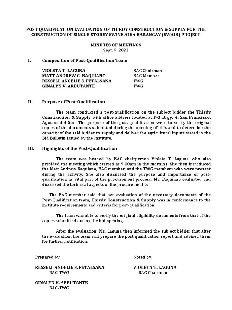 Post-Qua Evaluation - Thirdy Construction | PDF