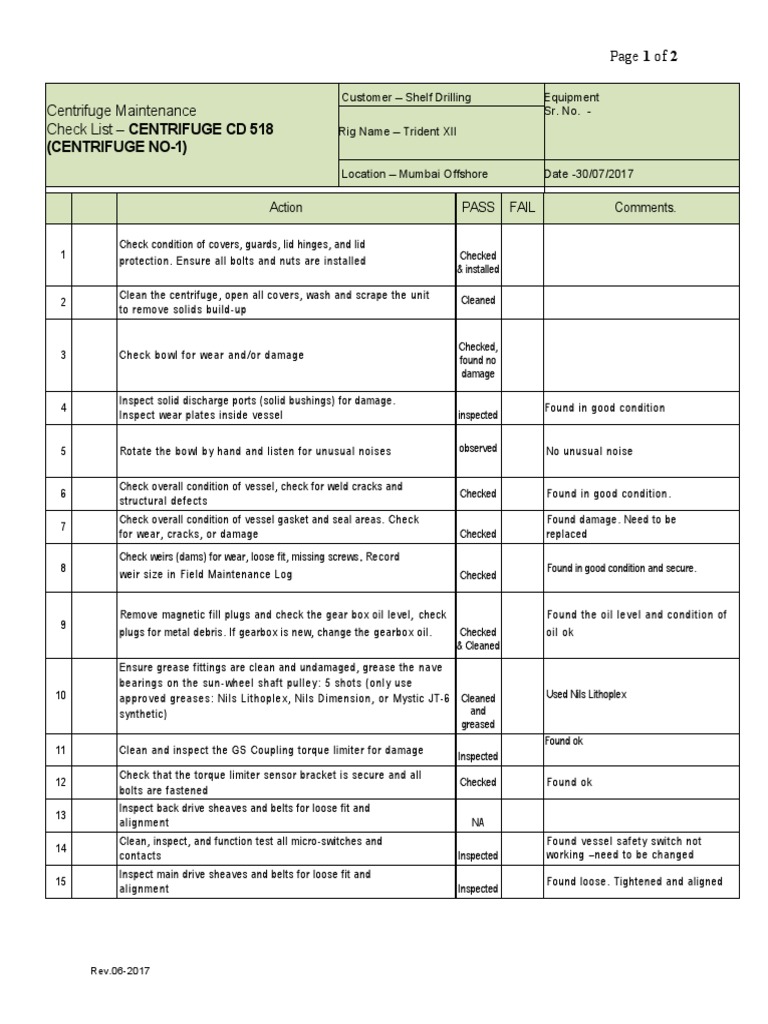 MAINTENANCE CHECKLIST Centrifuge CD 518 FH CF-1 | PDF | Screw | Tools