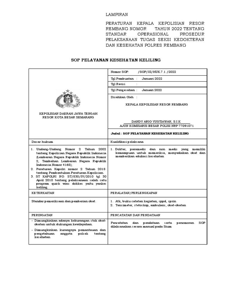 SOP Pelayanan Kesehatan Keliling Polres Rembang | PDF