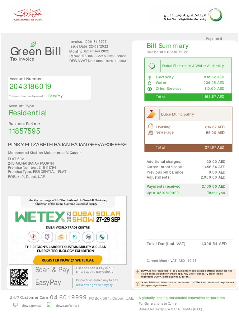 Analysis of a Residential Utility Bill from Dubai Electricity and Water ...