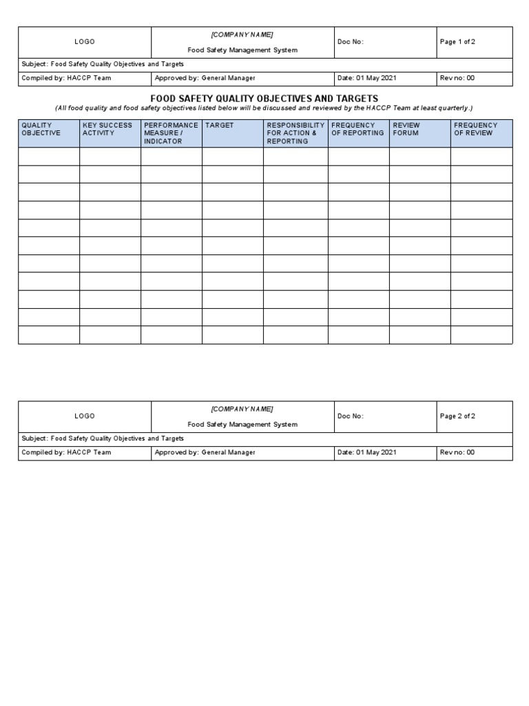 BRC Food Safety Quality Objective Form | PDF | Business | Finance ...