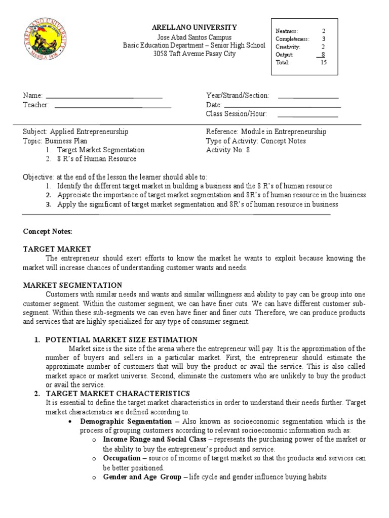 Entrep DLP 8 | PDF | Market Segmentation | Market (Economics)
