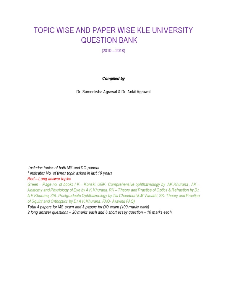 Kle Question Bank | PDF | Glaucoma | Cornea