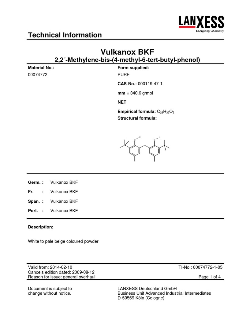 Vulkanox BKF (20140210) | Download Free PDF | Polymers | Density