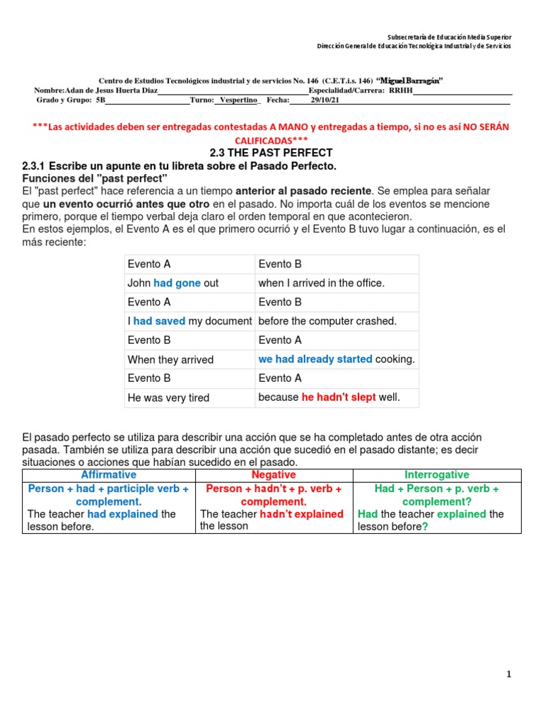 Activity 2.3 Past Perfect | PDF