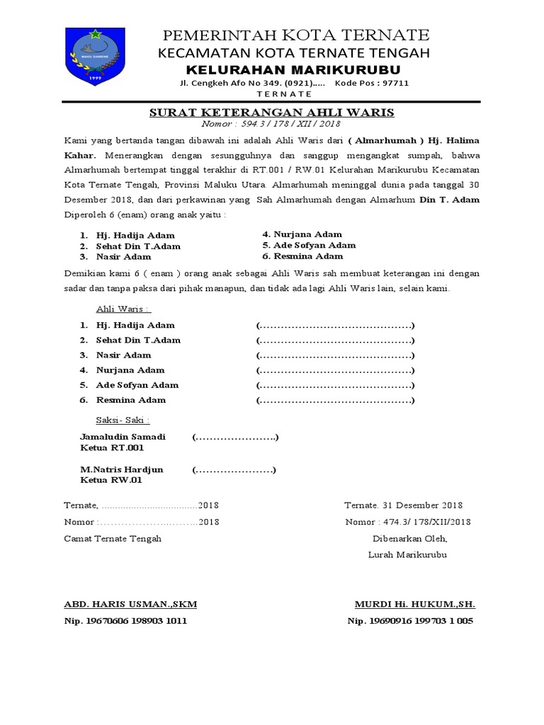 Surat Keterangan Ahli Waris 2018 | PDF
