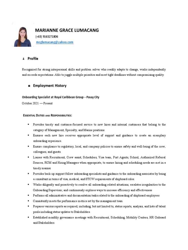 Onboarding Specialist Resume: Marianne Lumacang | PDF | Recruitment ...