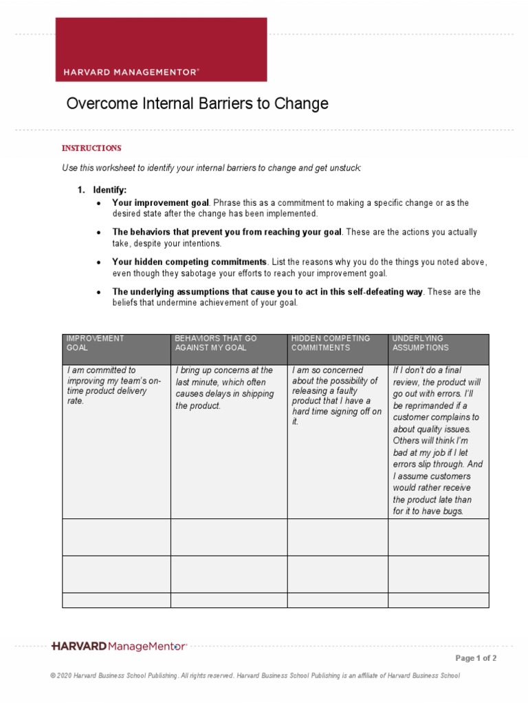 Worksheet Internal Barriers to Change | PDF | Goal | Intention