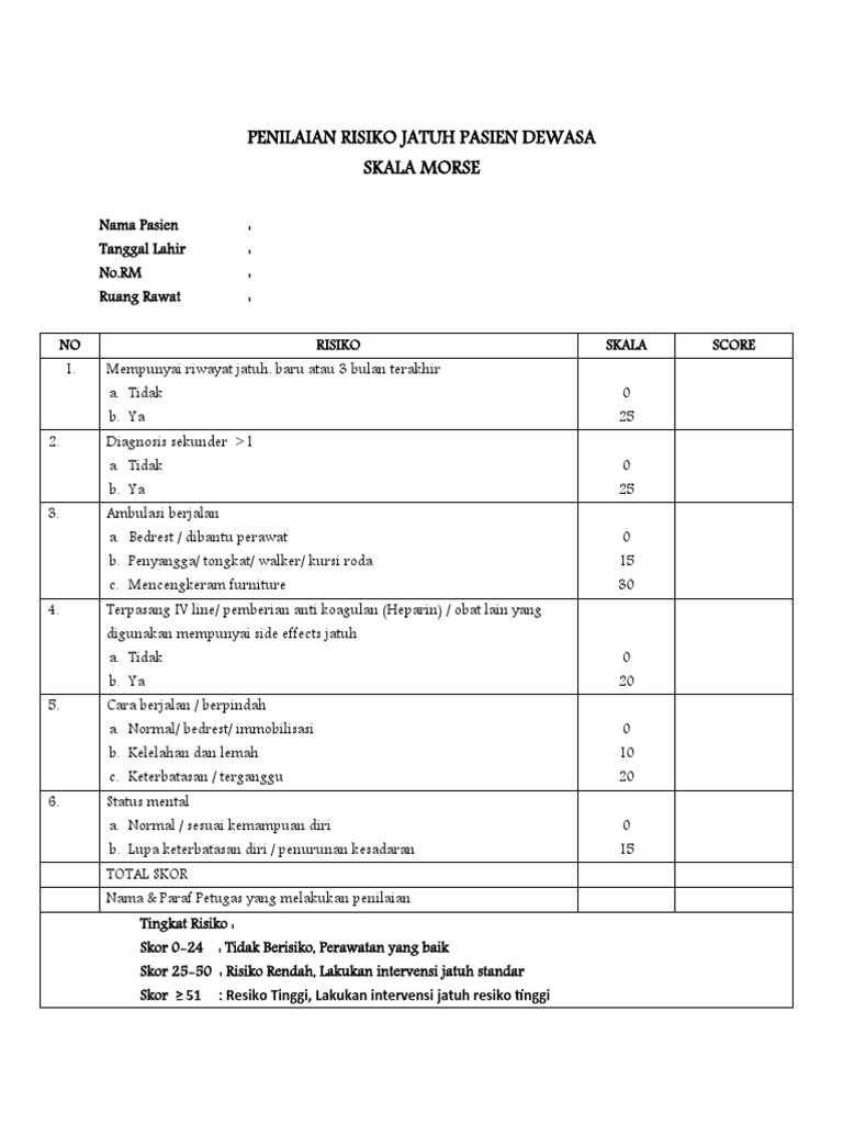 Penilaian Risiko Jatuh Pasien Dewasa Scale Morse | PDF