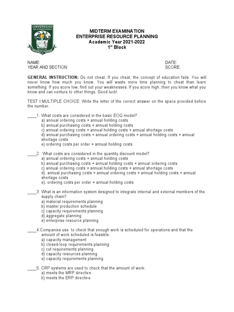 Erp Midterm Examination | PDF | Enterprise Resource Planning | Business