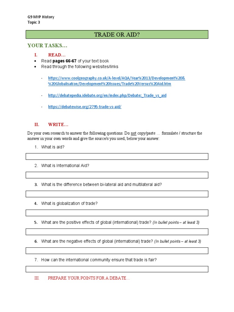 G9 MYP History - Topic 3 TRADE OR AID | PDF | Aids | Economies