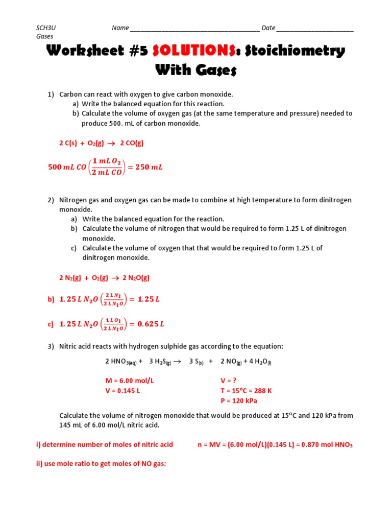 WS 5 SOLUTIONS - Stoichiometry With Gases | PDF | Nitric Acid ...