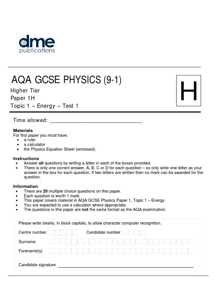 1 AQA Energy Tests 1H | PDF | Potential Energy | World Energy Resources