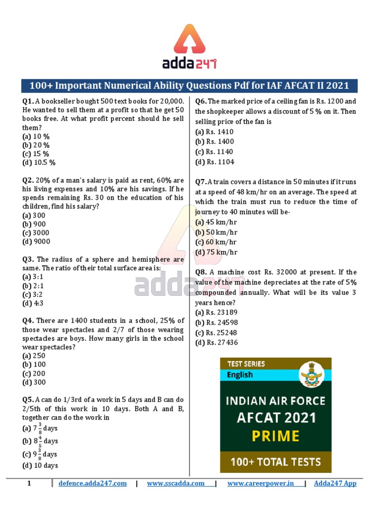 100 Important Numerical Ability Questions PDF For IAF AFCAT II 2021 | PDF | Speed | Interest