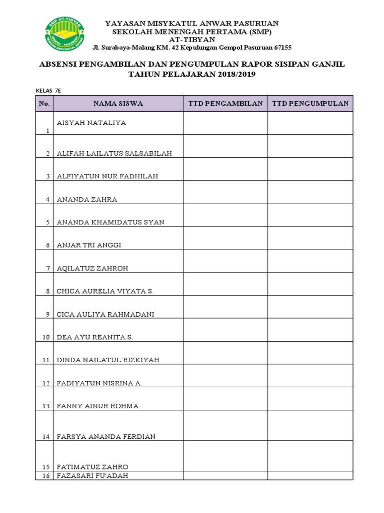 Absensi Pengambilan Dan Pengumpulan Raport Sisipan Semester 1 | PDF