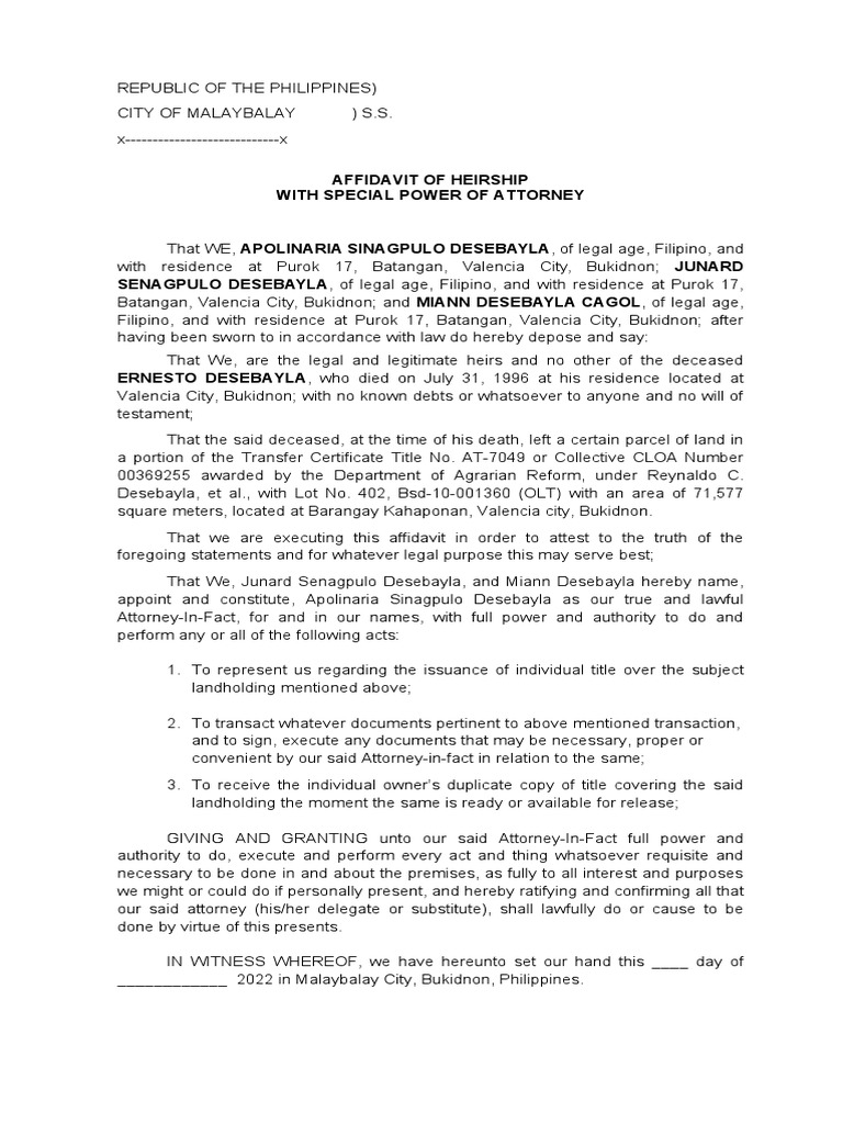 Affidavit of Heirship Ernesto | PDF | Power Of Attorney | Justice