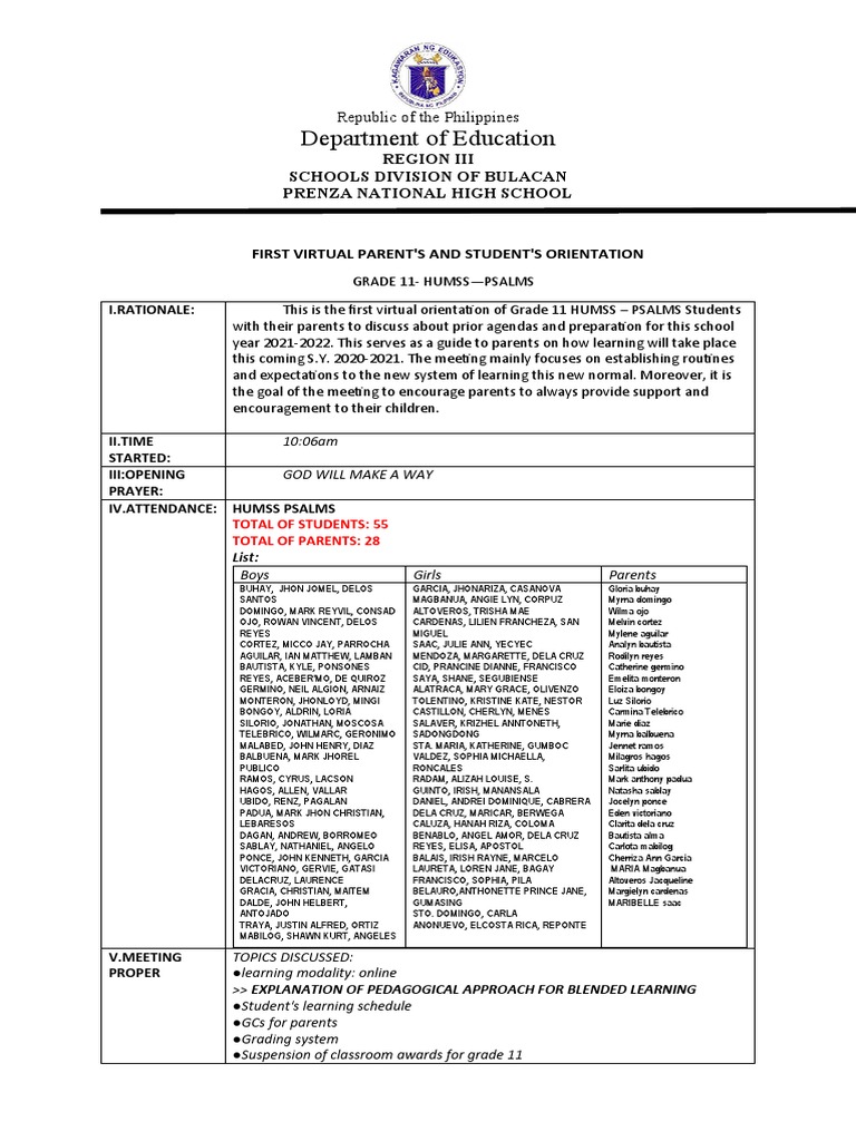 First Virtual Parent-Student Orientation for Grade 11 HUMSS-PSALMS | PDF